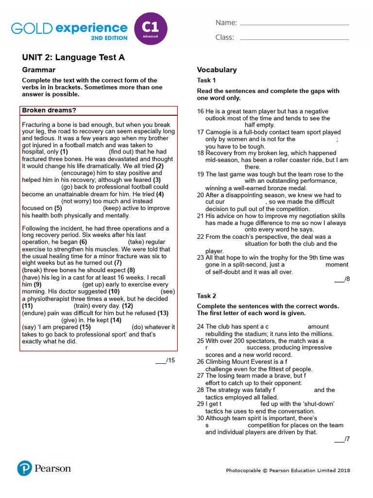 Gold Exp C1 Unit 2 Language Test A | PDF