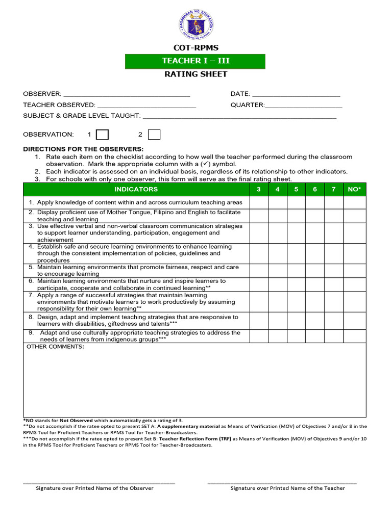 COT Rating-Sheet T1 T3 | PDF | Learning | Business