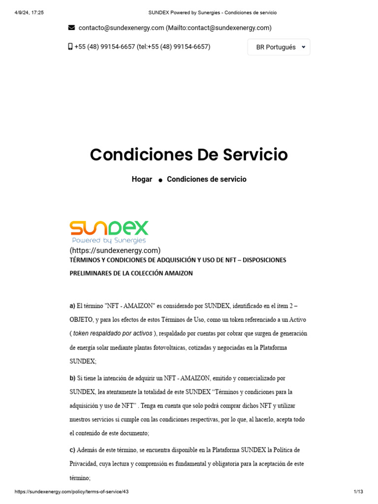 SUNDEX Powered by Sunergies - Condiciones de servicio | PDF