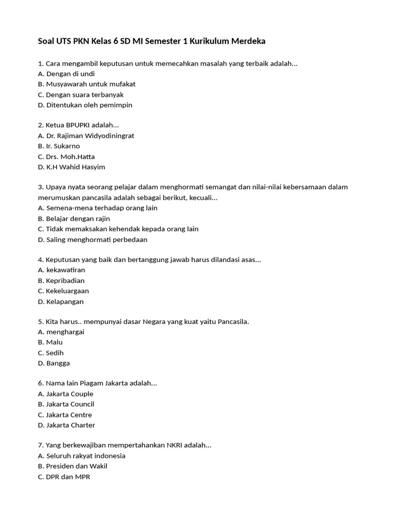 Soal UTS PKN Kelas 6 SD MI Semester 1 Kurikulum Merdeka | PDF