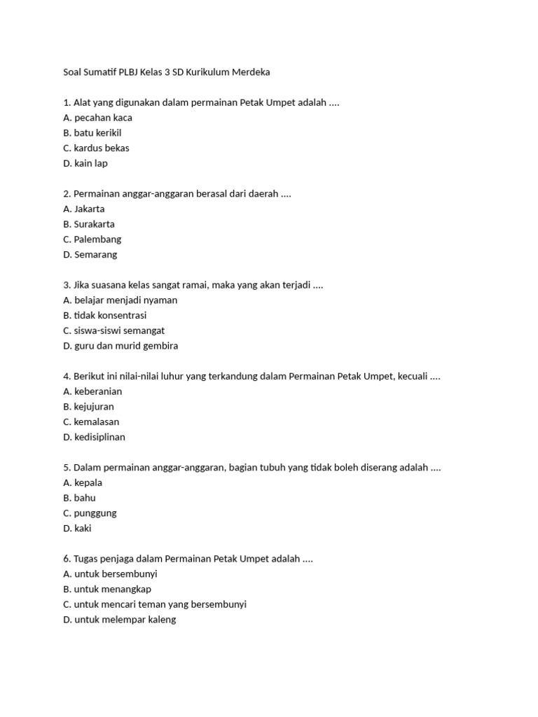 Soal Sumatif PLBJ Kelas 3 SD Kurikulum Merdeka | PDF