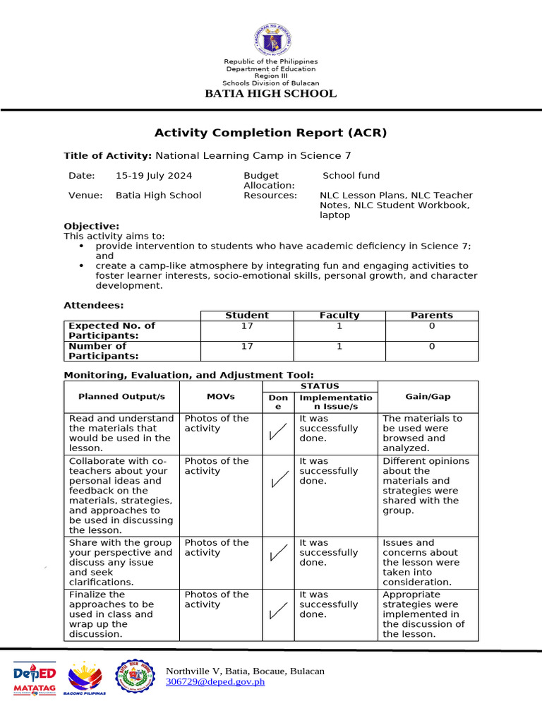 Activity-Completion-Report NLC Week-3 SCIENCE7 | PDF