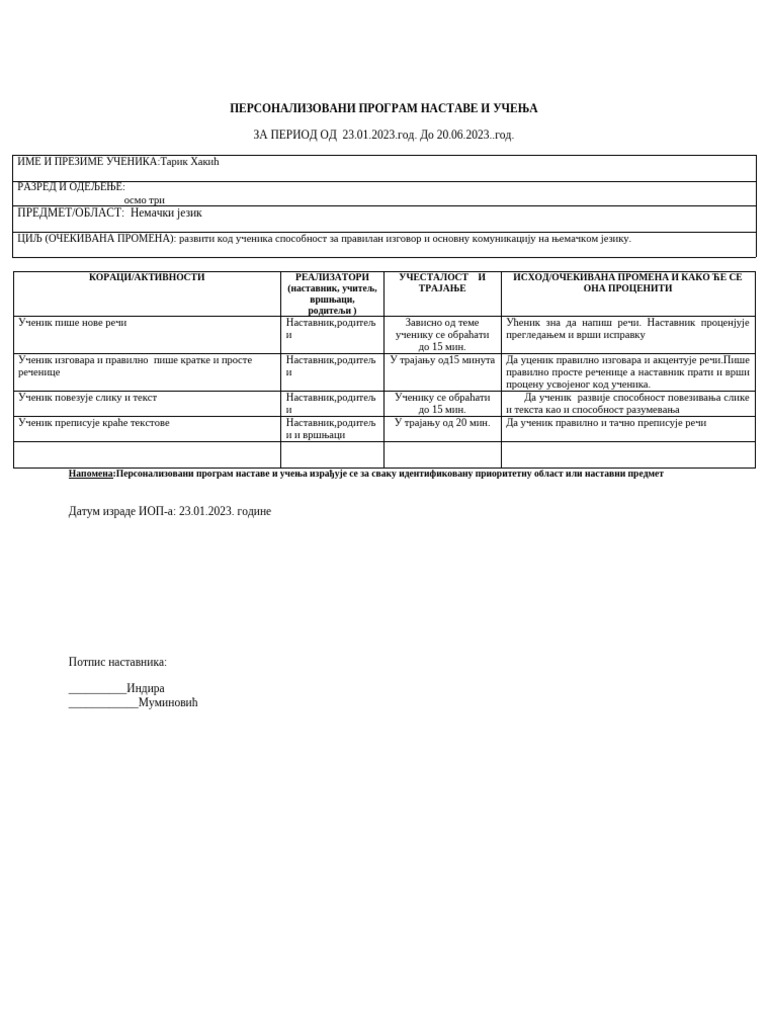 Personalizovani Program Nastave I Učenja-Obrazac 4-IOP Novi (Indira ...