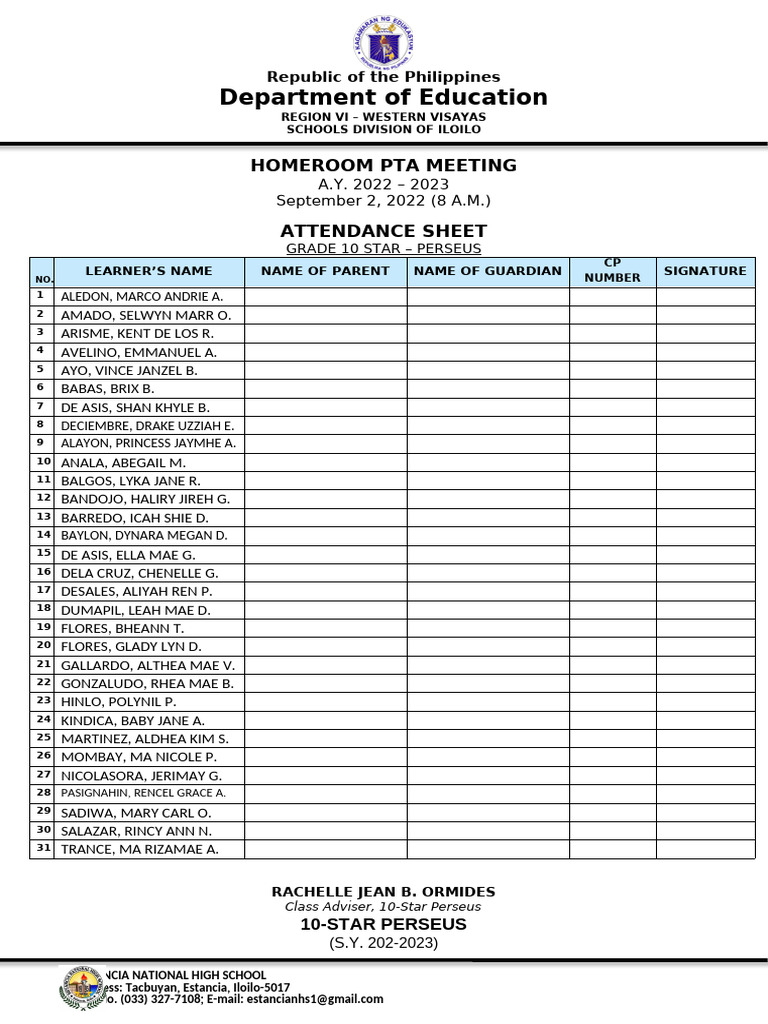 Homeroom Pta Attendance Sheet2 | PDF