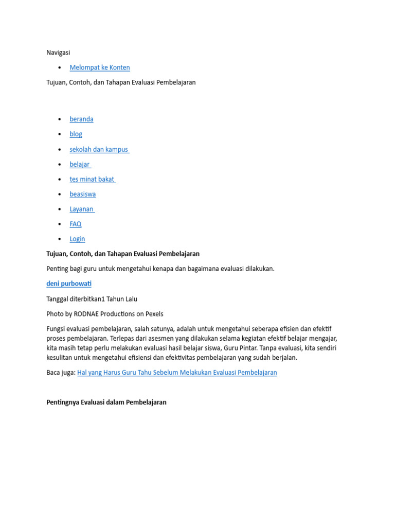 Tujuan, Contoh, Evaluasi Pembelajaran | PDF