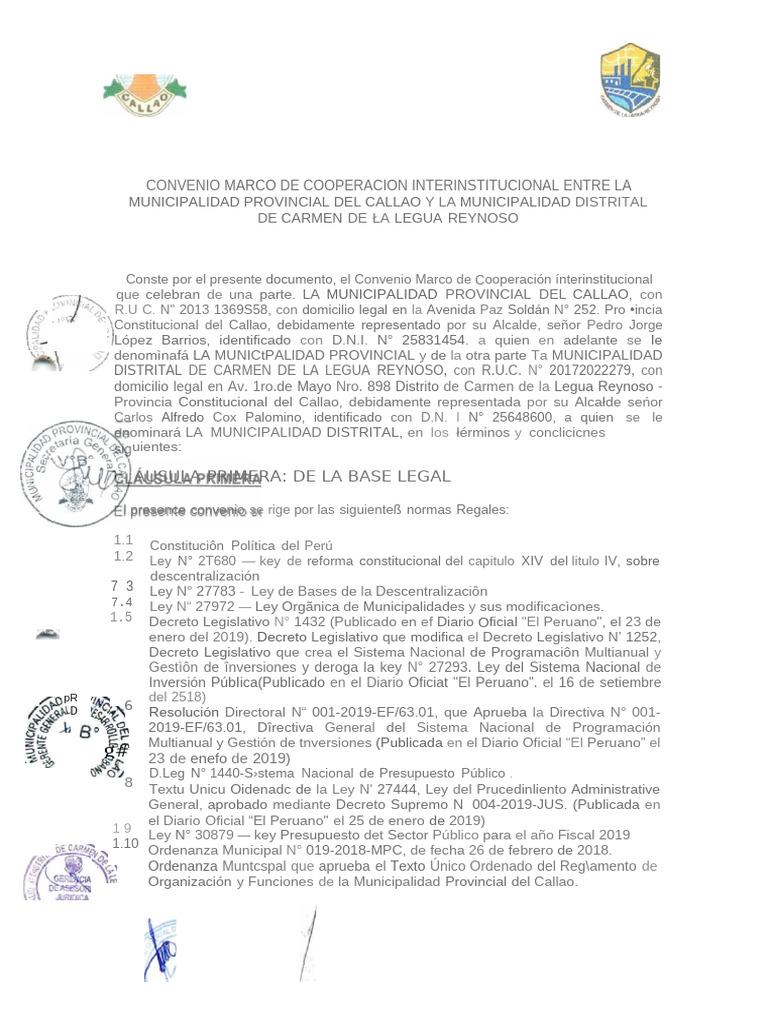Convenio Marco de Cooperacion Interinstitucional Entre La Municip Distr Del Callao y La MDCLR ...