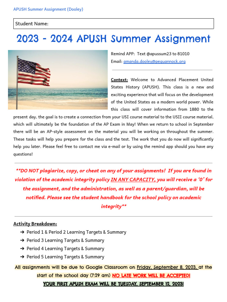 (22 - 23) APUSH Summer Assignment (Dooley) | PDF