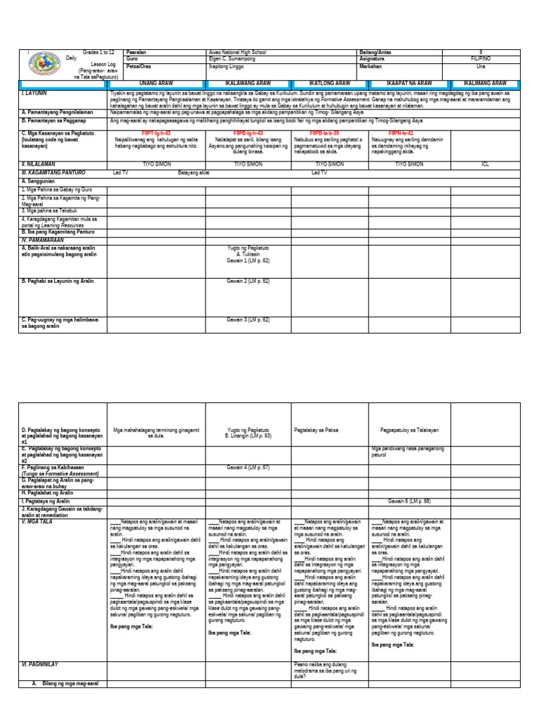 Ikapitong Linggo DLL Filipino Unang Markahan | PDF