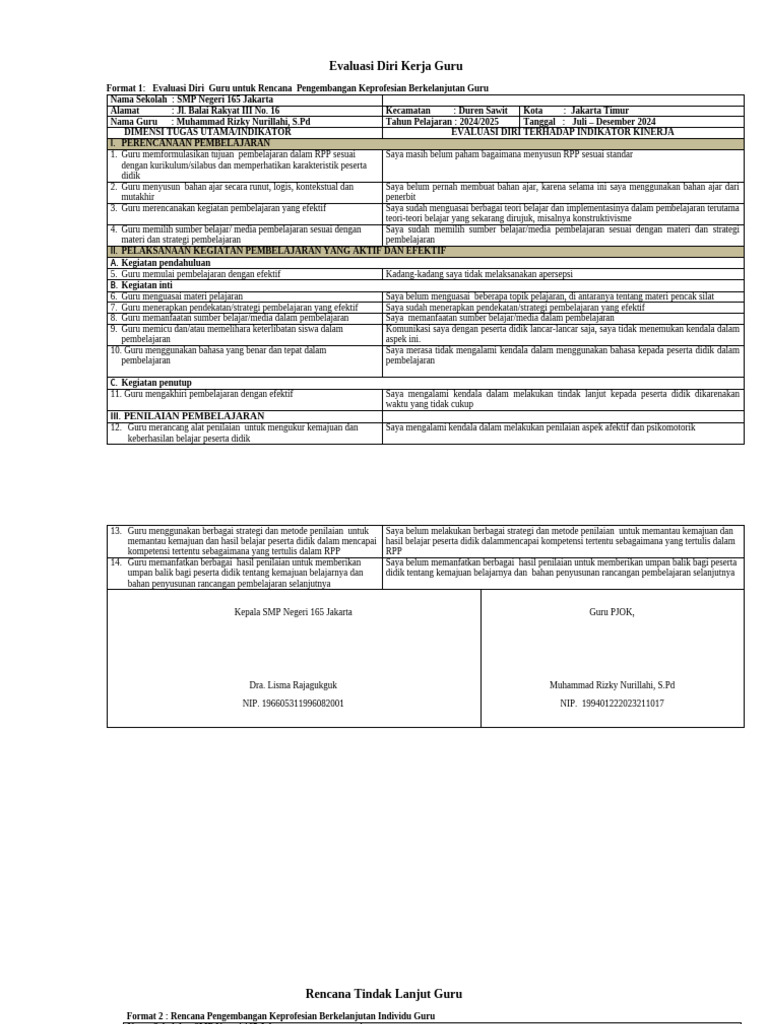 Evaluasi Diri Kerja Guru Dan Program Tindak Lanjut | PDF