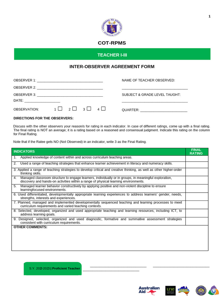 COT RPMS Inter Observer Agreement Form For T I III For SY 2022 2023 | PDF | Learning | Curriculum