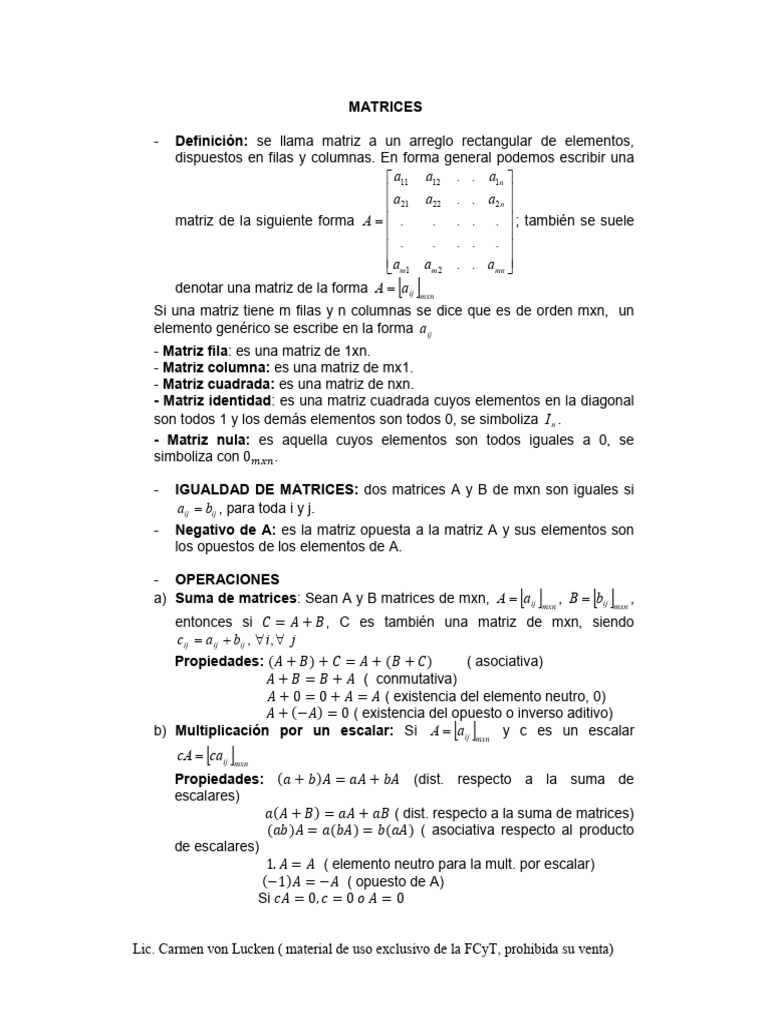 Unidad 1-Matrices-Operaciones - Clases de Matrices | PDF