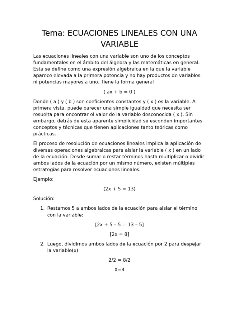 Tema: Ecuaciones Lineales Con Una Variable | PDF | Ecuaciones | Variable (Matemáticas)