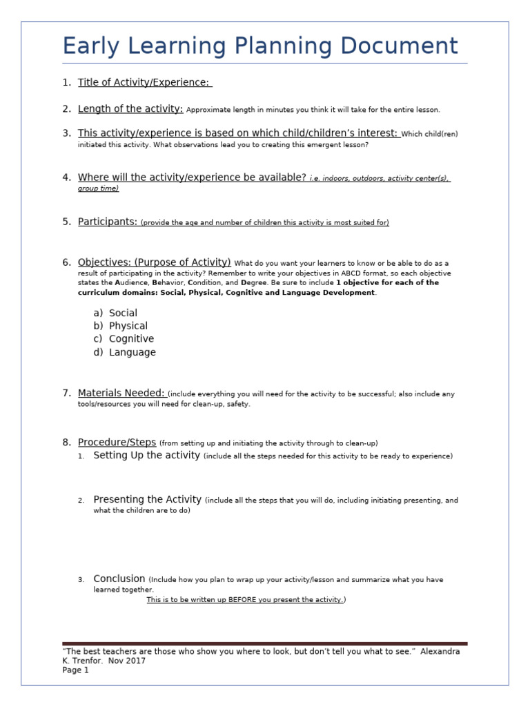 ELCC Activity Plan Template - October 2023 | PDF