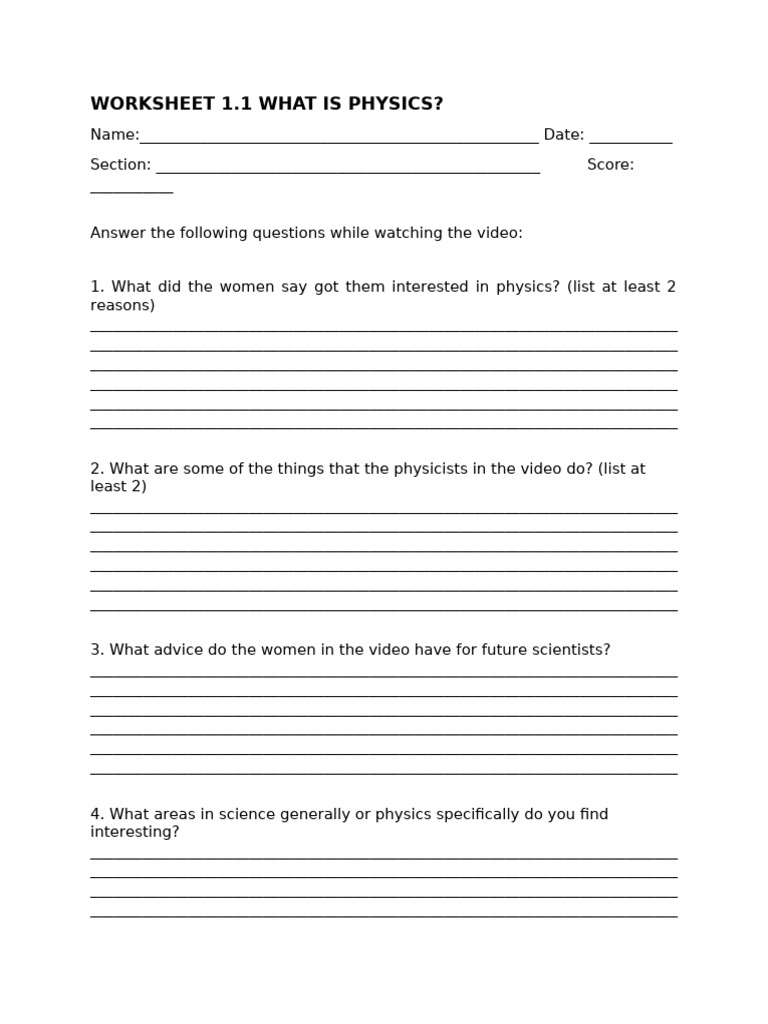 WORKSHEET 1.1 What Is Physics | PDF