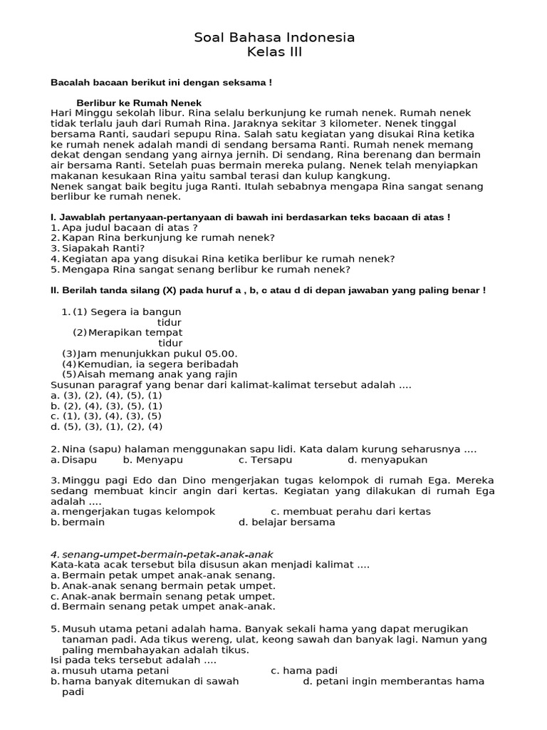Soal UTS Bahasa Indonesia Kelas 3 Semester 1 Tahun Ajaran 2018-2019 | PDF