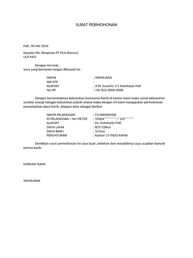 SURAT PERMOHONAN PENAMBAHAN DAYA CV INDOKIMIA | PDF