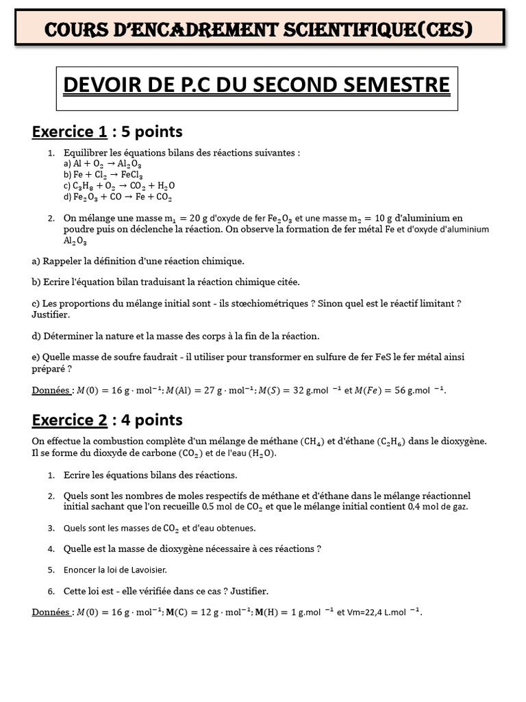 Devoir PC Second Semestre | PDF