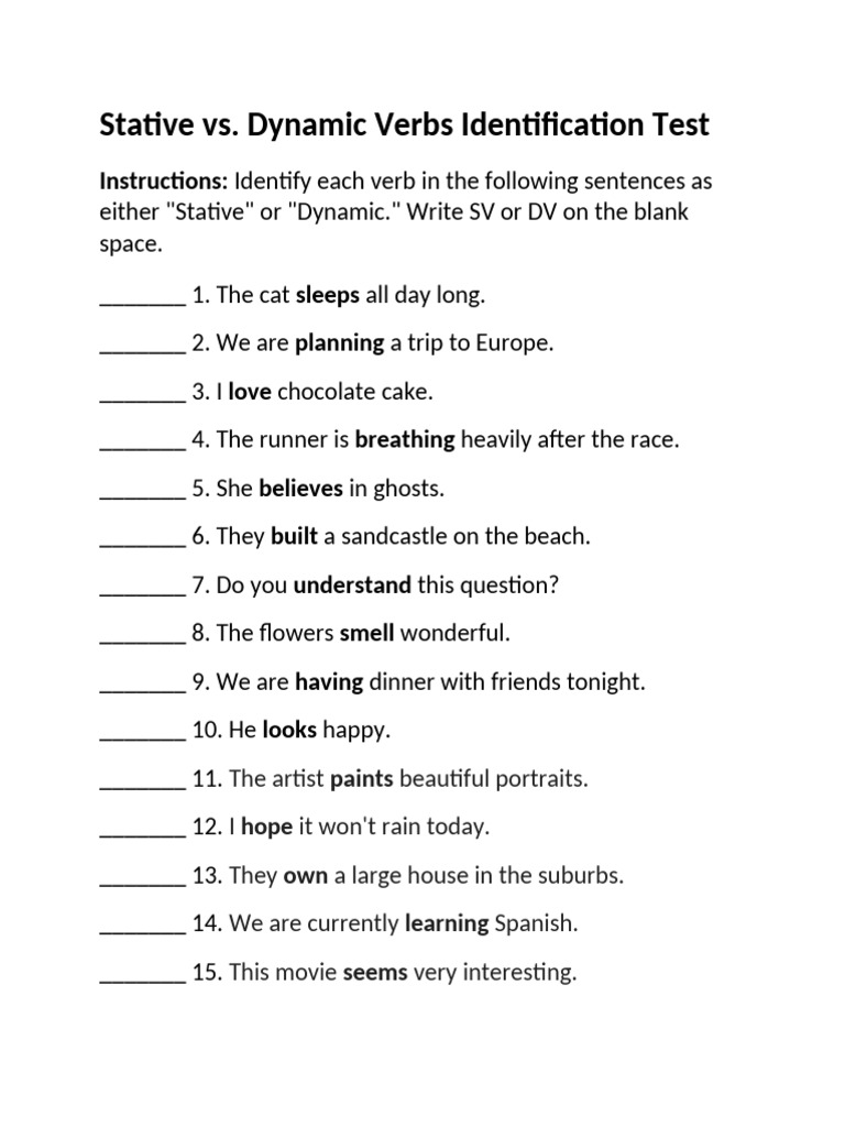 Stative Verbs Test 2 Pdf