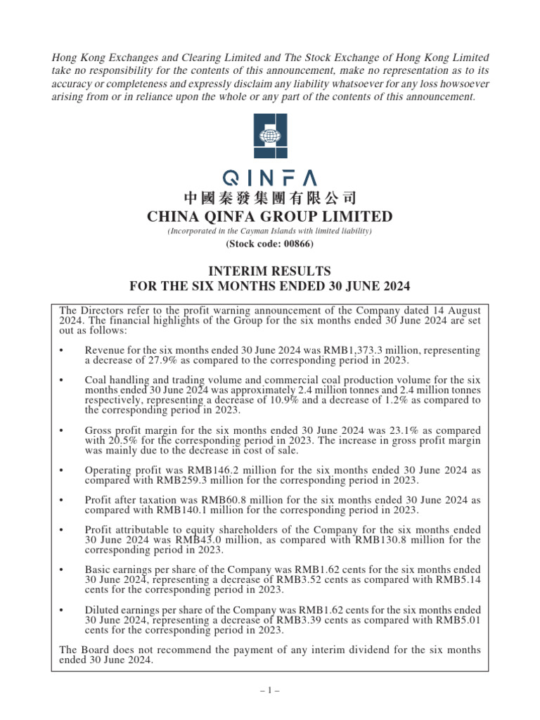China Qinfa Group Limited: Interim Results For The Six Months Ended 30 ...