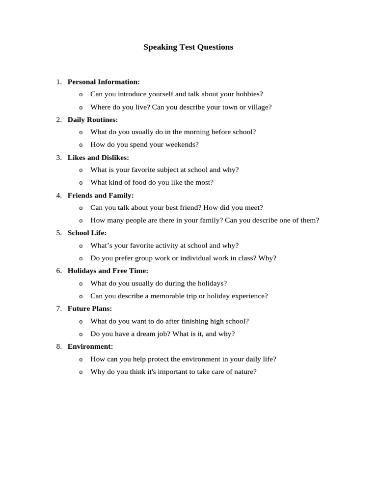 Speaking Test Questions | PDF