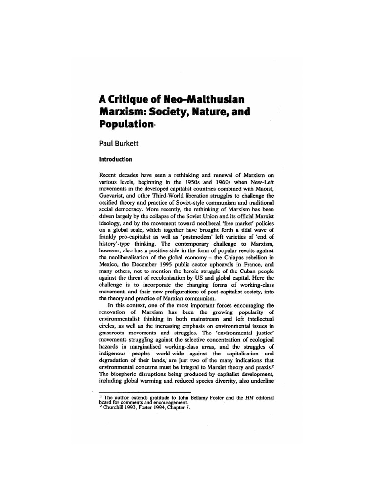 A Critique of Neo-Malthusian Marxism - P Burkett - 1998 | PDF