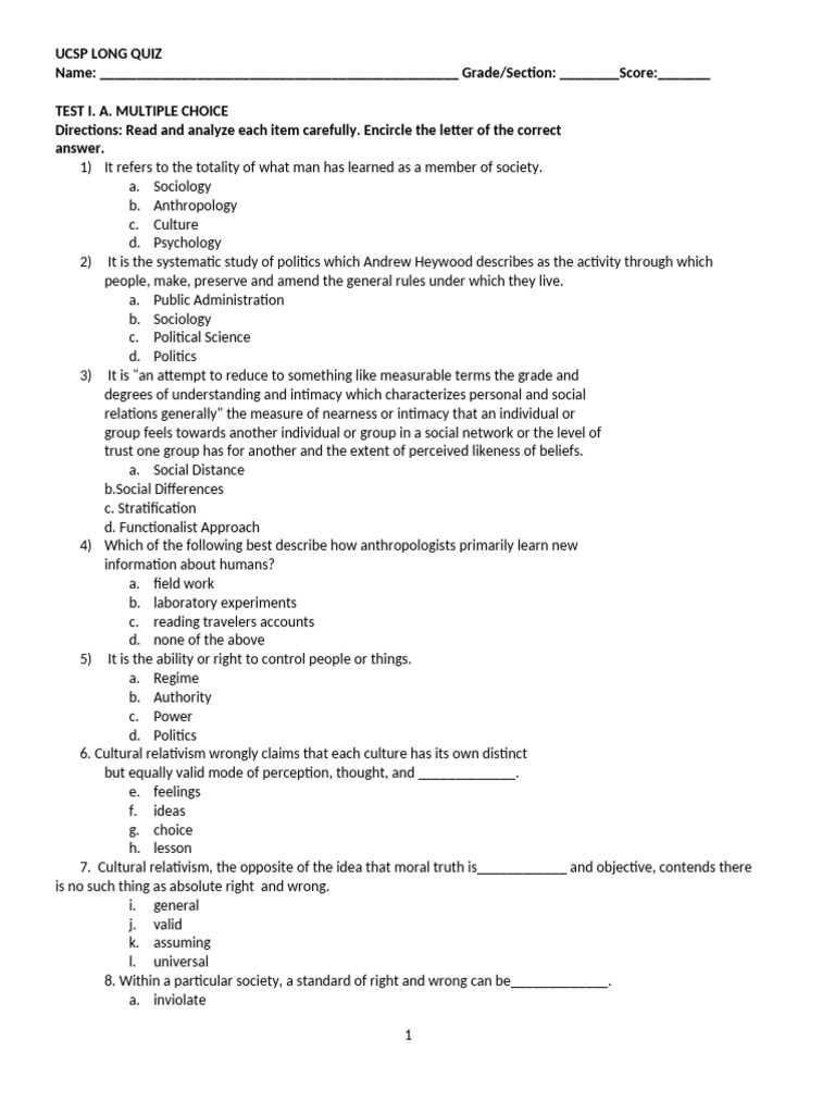 Ucsp Long Quiz | PDF
