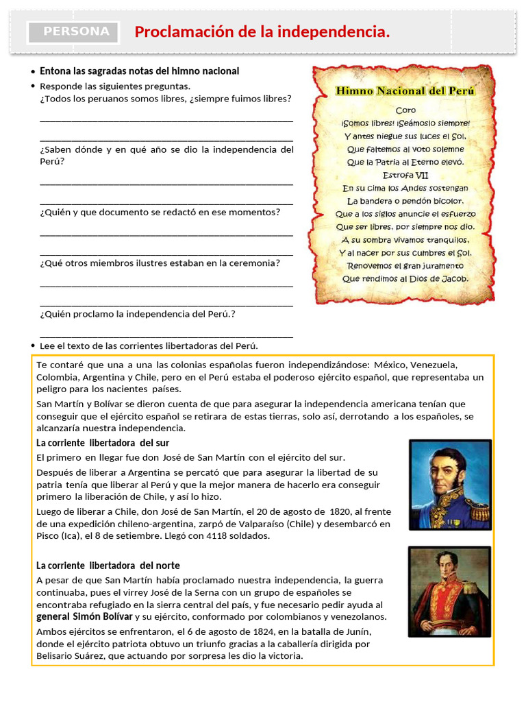 D3 A3 FICHA PS. Proclamación de La Independencia. | PDF | América del ...