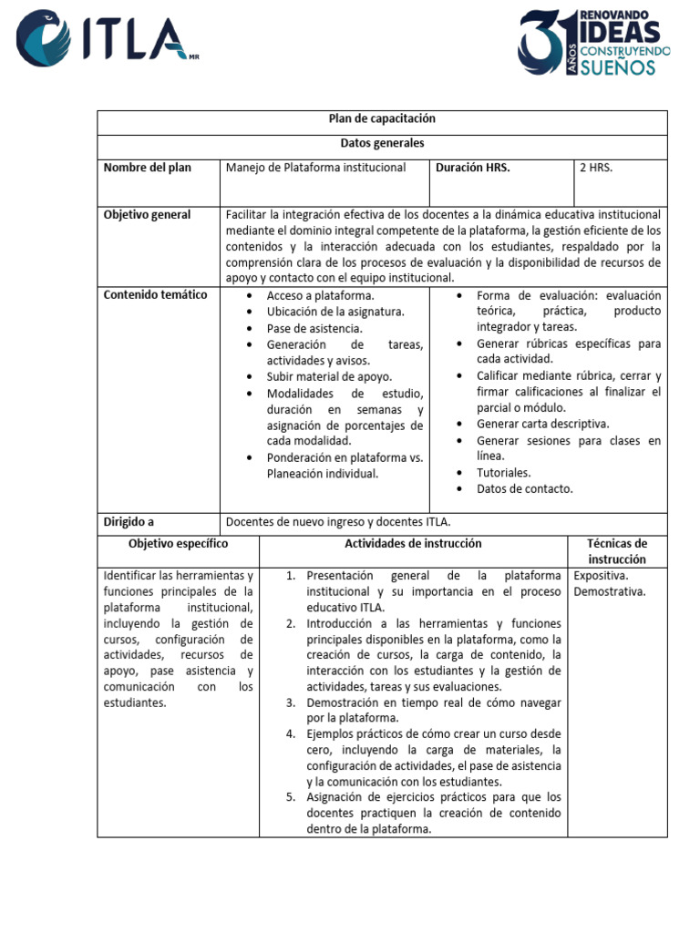 Plan de Capacitación Plataforma ITLA | PDF | Evaluación | Crecimiento ...