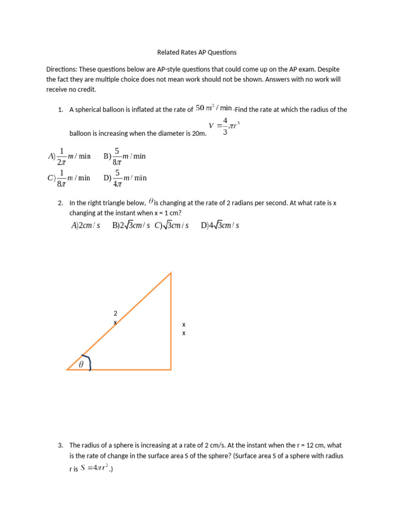 AP Practice Problems Related Rates | PDF