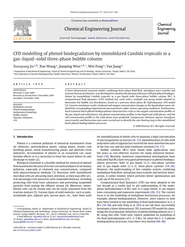 CFD Modelling of Phenol Biodegradation by Immobilized Candida Tropicalis in A Gas-Liquid-Solid ...
