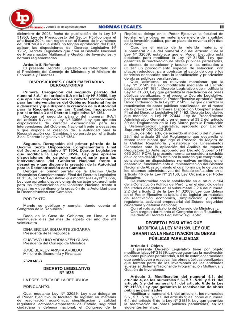 Dec. Leg. N° 1636 Mod. LEY OBRAS PARALIZADAS 30oct2024 | PDF