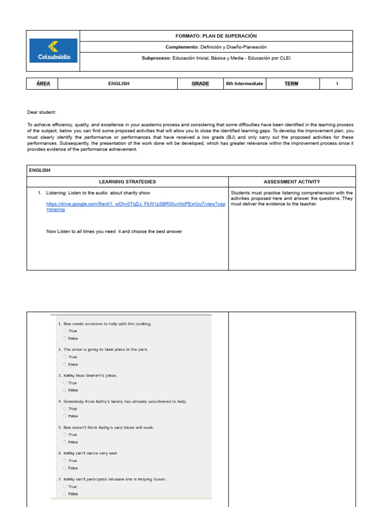 8th Intermediate English Improvement Plan - 1st Term 2024 | PDF