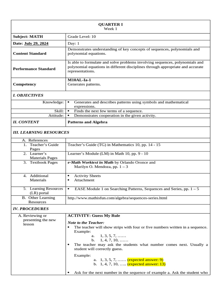 Daily Lesson Plan-G10-Q1-W1-day 1 - MELCS | PDF | Mathematics ...