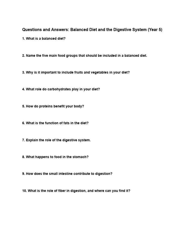 Questions and Answers - Balanced Diet and The Digestive System (Year 5 ...