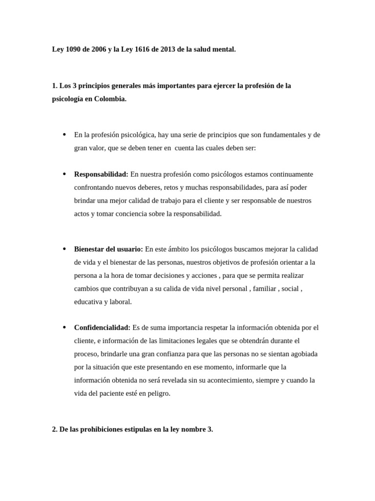 FORO 1 de La Ley 1090 de 2006 y La Ley 1616 de 2013 de La Salud Mental. | PDF | Salud mental ...