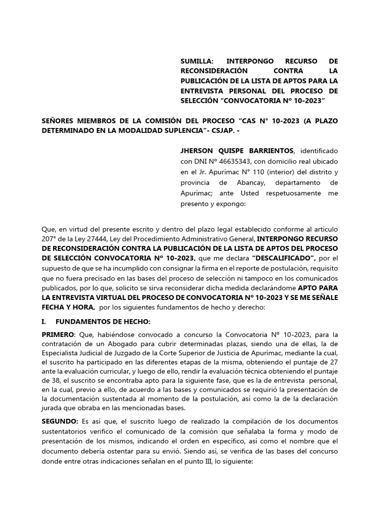 Presenta Recurso de Reconsideración | PDF