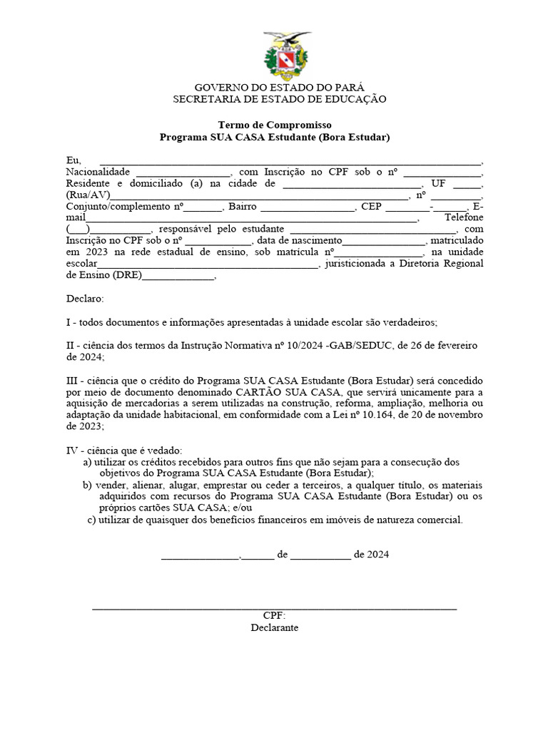 Modelo - Termo de Compromisso - Bora Estudar | PDF Modelo - Termo de Compromisso - Bora Estudar | PDF