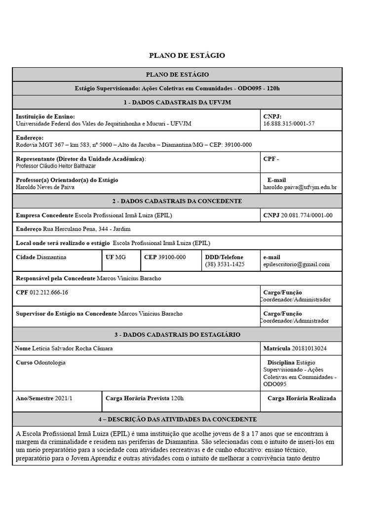 Plano de EstÃ¡gio - 7Âº Perã - Odo | PDF