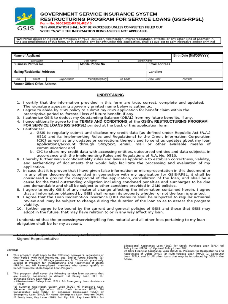 RPSL Application Form | PDF | Loans | Lawsuit