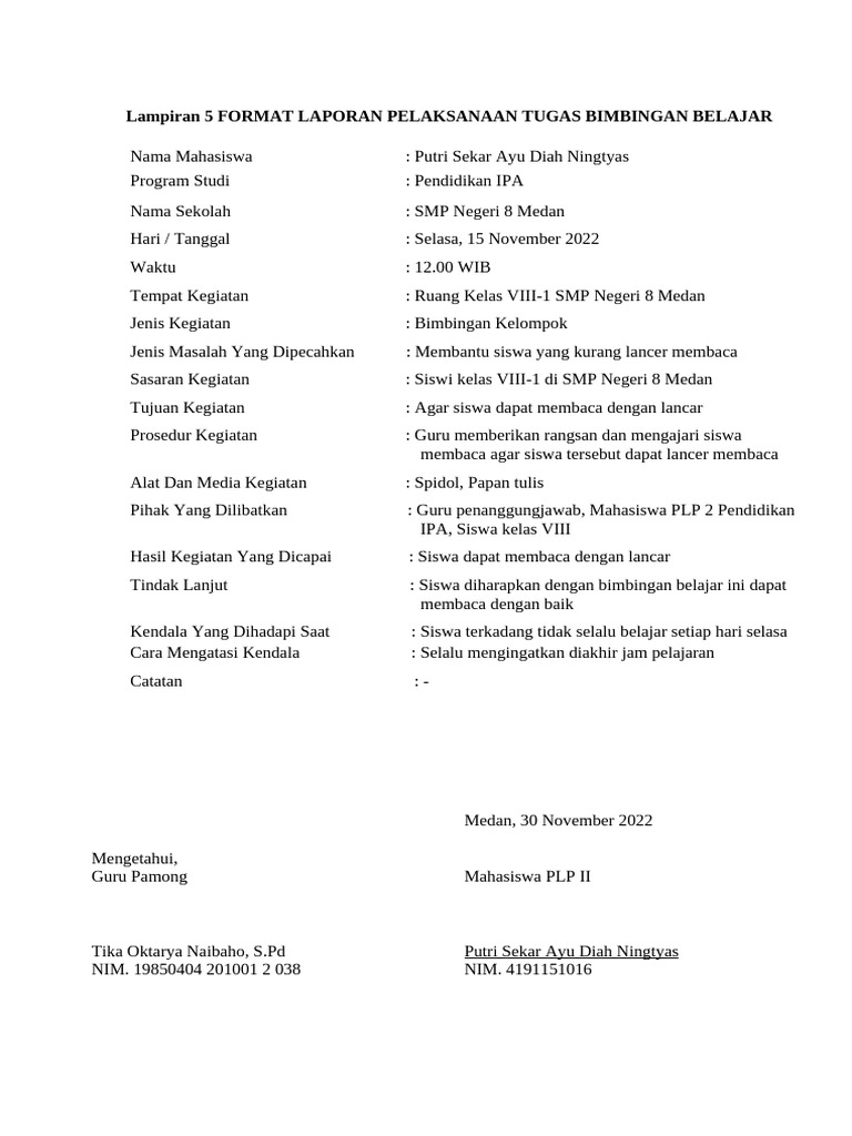 Lampiran 5 FORMAT LAPORAN PELAKSANAAN TUGAS BIMBINGAN BELAJAR | PDF