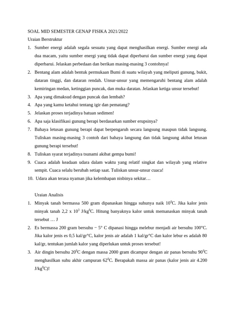 Soal Mid Semester Genap Fisika 2021-2022 | PDF