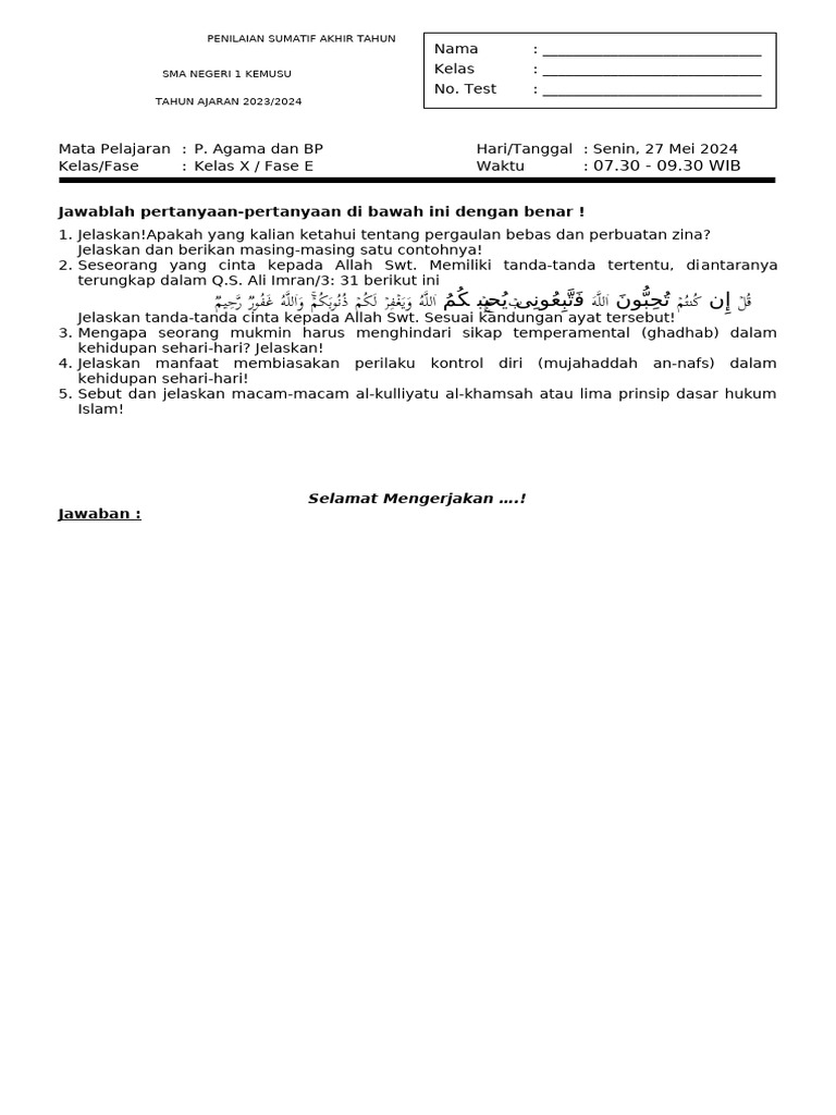 Soal Essay Psat 2024 Pai | PDF
