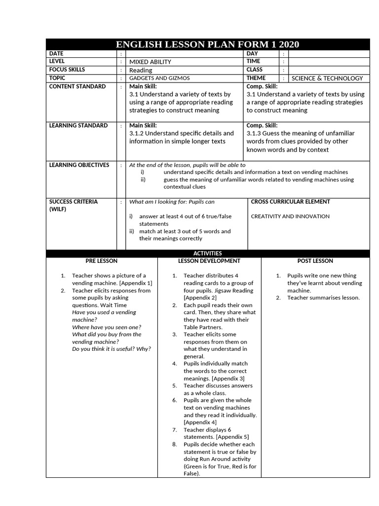 English Lesson Plan Template F1 | PDF