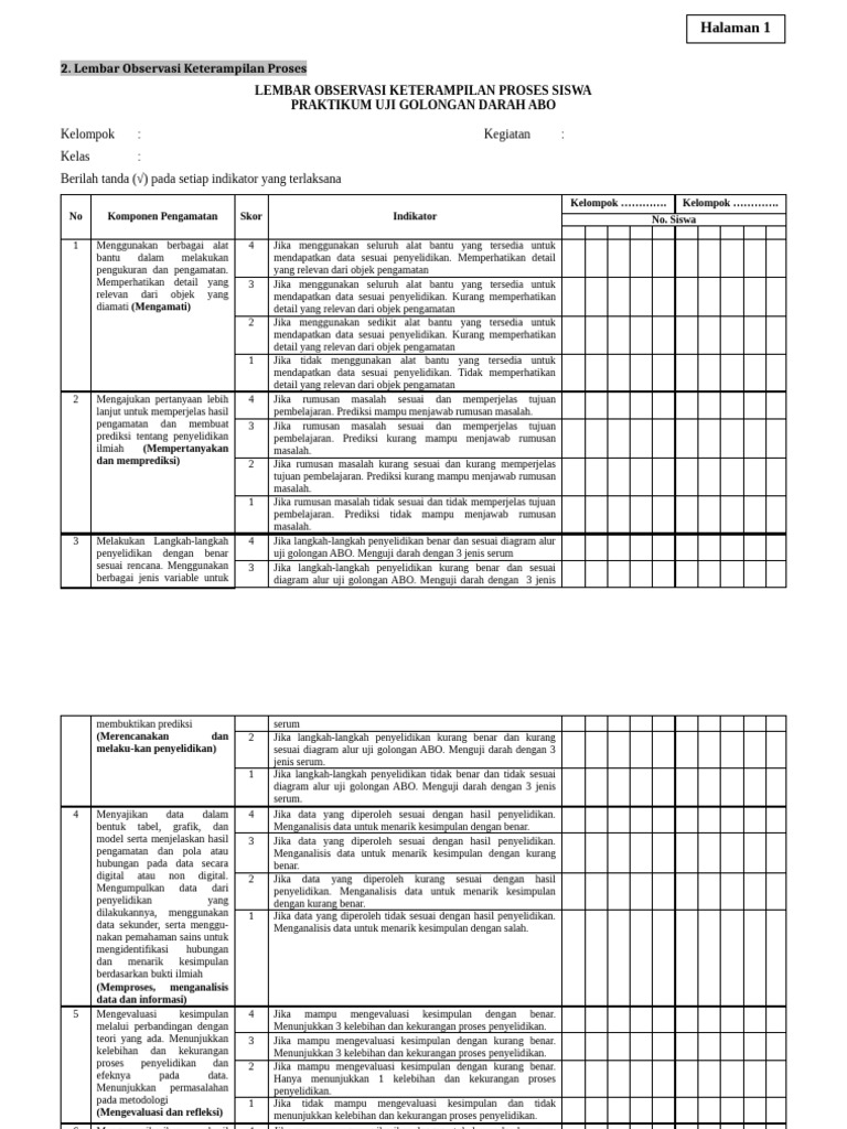 Lembar Observasi Keterampilan Proses Ipa | PDF
