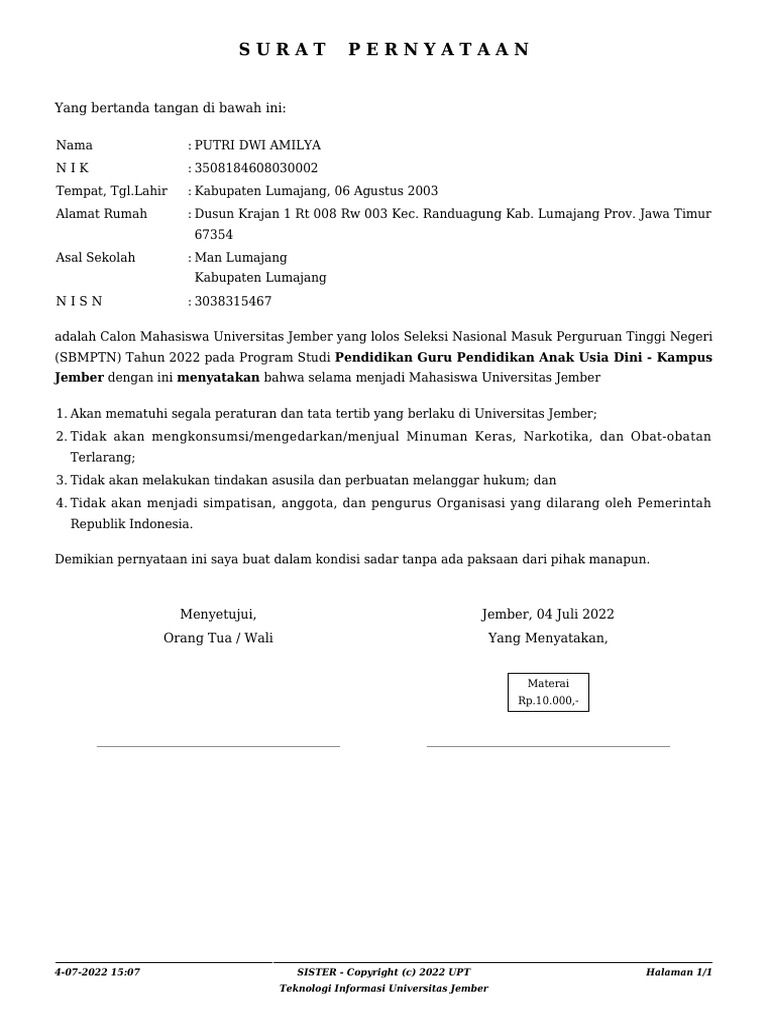 Surat Taat Aturan UNEJ | PDF