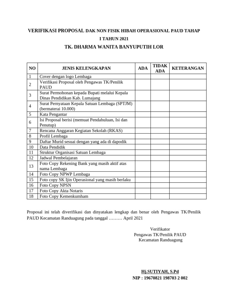 Verifikasi Proposal Dak Non Fisik Hibah Operasional Paud Tahap I Tahun ...