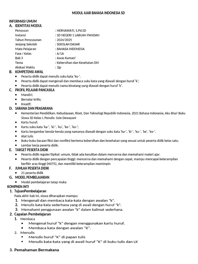 Modul Ajar Bahasa Indonesia Kelas 1 Bab 3 - Membaca Dan Menulis Kata ...