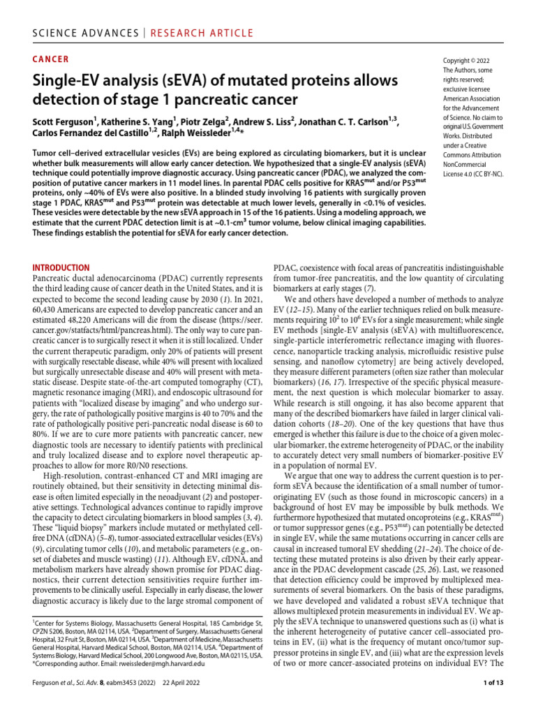 Single-EV Analysis (sEVA) of Mutated Proteins Allows Detection of Stage 1 Pancreatic Cancer | PDF