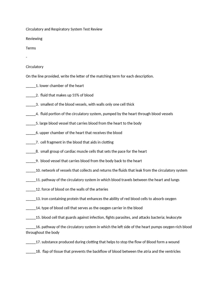 Circulatory and Respiratory System Test Review - Copy | PDF
