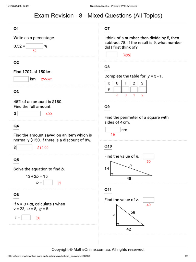 Exam Revision - 8 - Mixed Questions (All Topics) - Answers | PDF